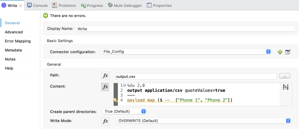 How to read and write a csv file in Mule 4
